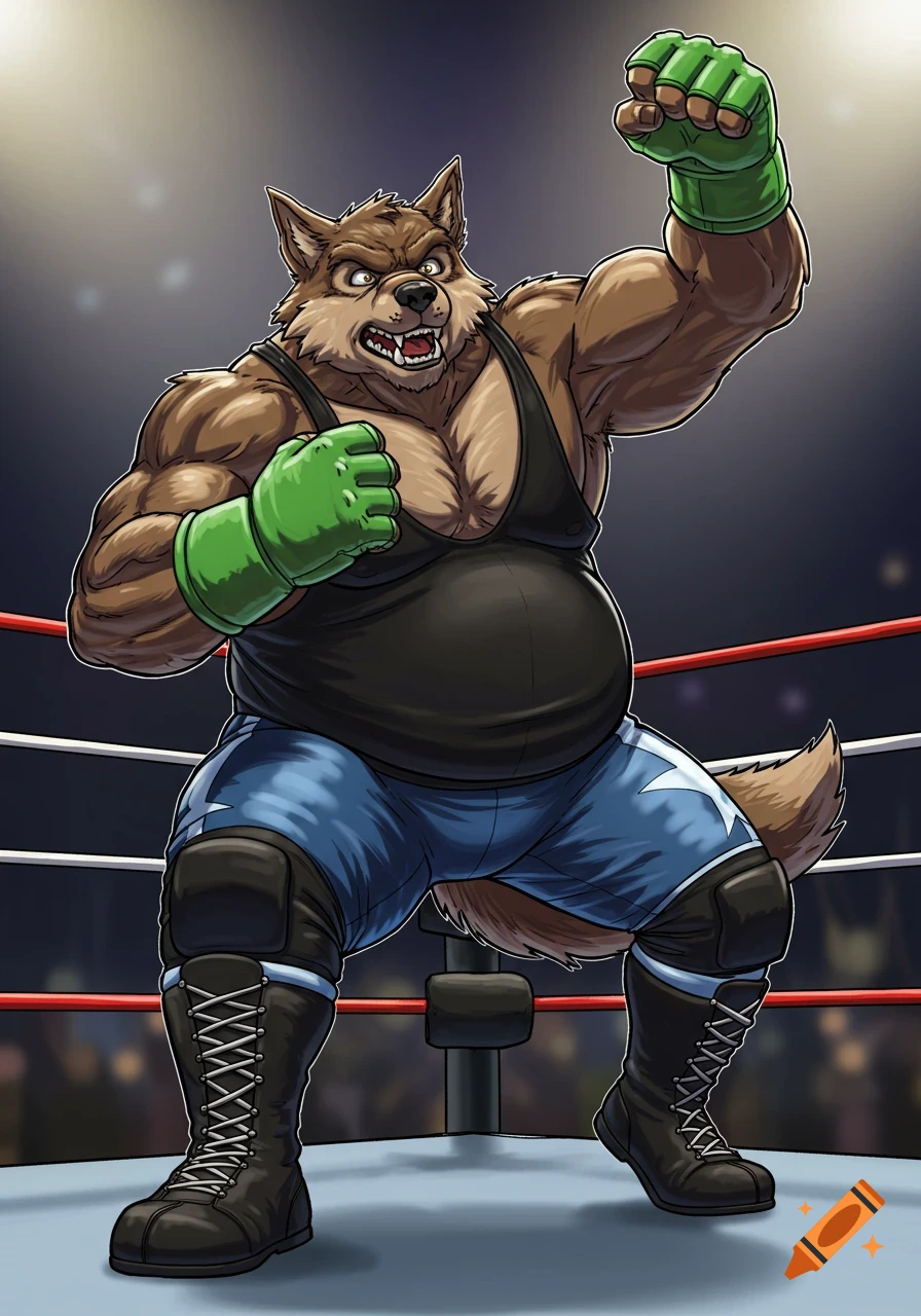 Anthro Wolf wrestler in speedo, gloves, and boots on Craiyon