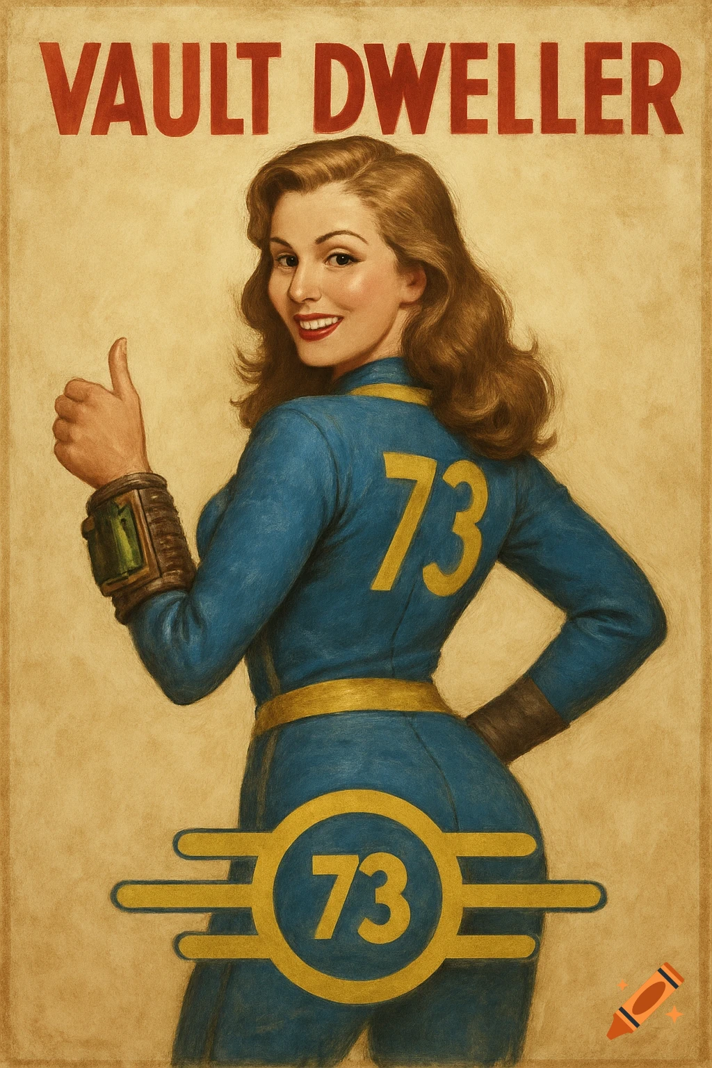 Woman in Fallout vault suit giving thumbs up in vintage poster style on ...
