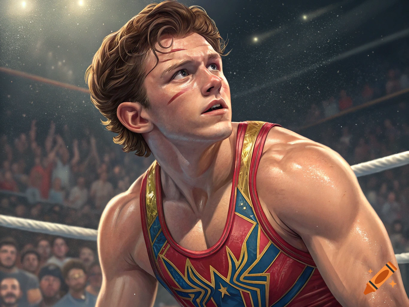 Close-up of a man resembling Tom Holland in a wrestling singlet in a ...