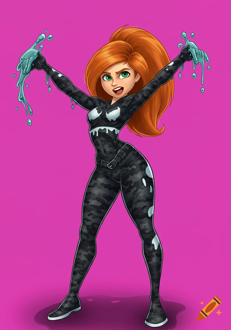 Cartoon Kim Possible in a black camo Venom suit with slime shooting ...