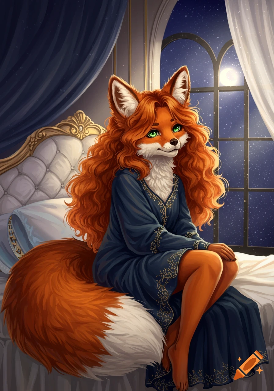 Two anthropomorphic foxes sleep in a large canopy bed with red curtains ...