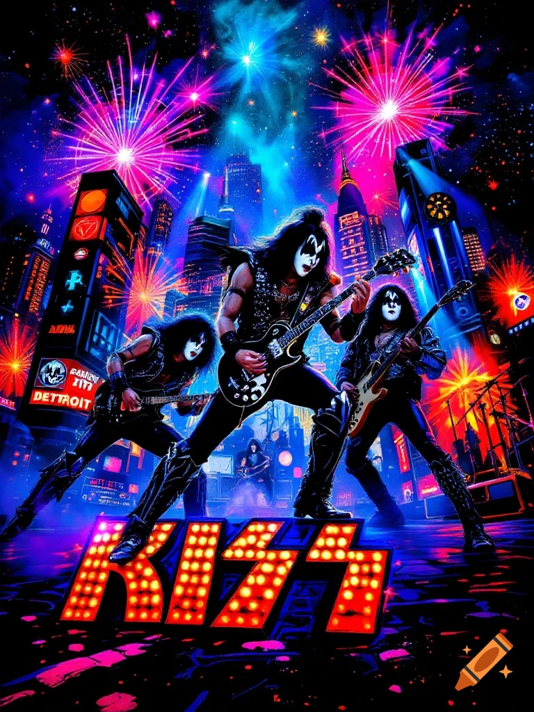 The band Kiss playing a concert in Detroit with fireworks over the ...