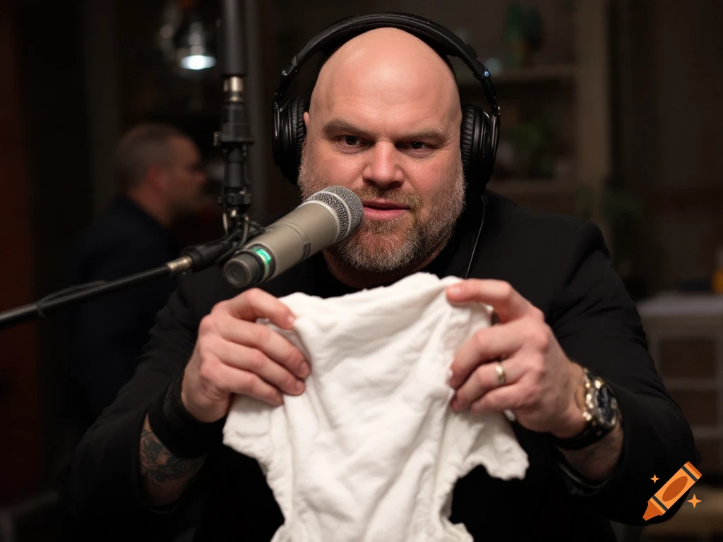 Man with headphones and microphone holds up a white cloth in a ...