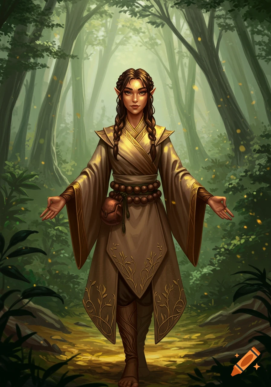 A beautiful female elf in a fur-lined green and gold samurai outfit ...