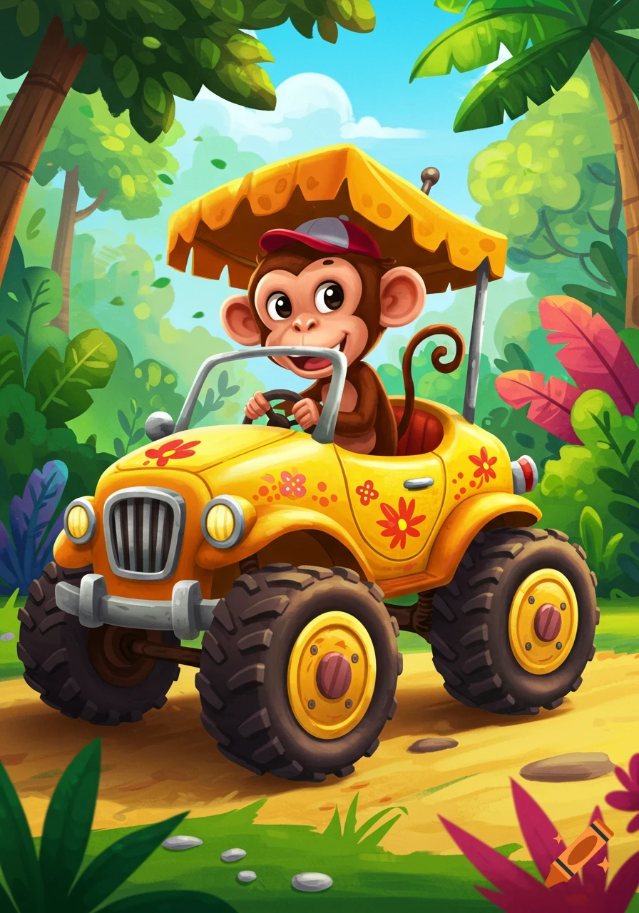 A cartoon monkey in a red hat drives a yellow monster truck through a ...