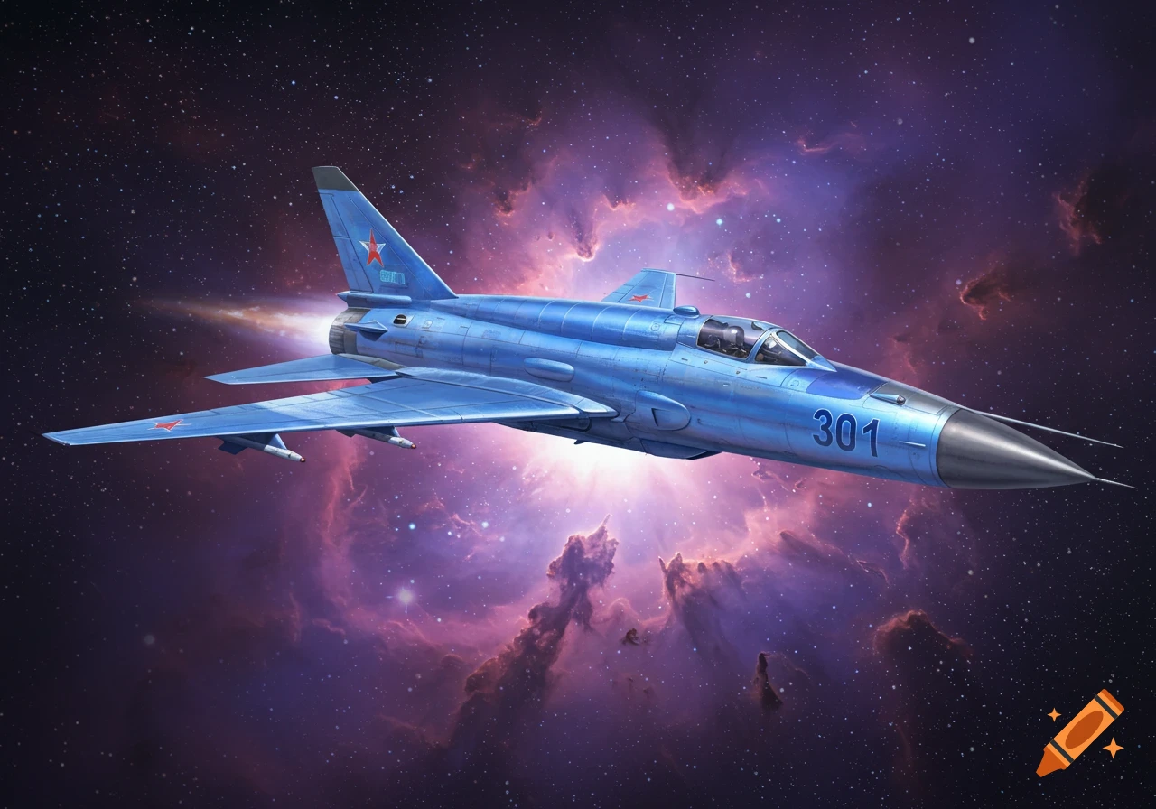Blue MIG-21 fighter jet flying through a purple and pink nebula on Craiyon