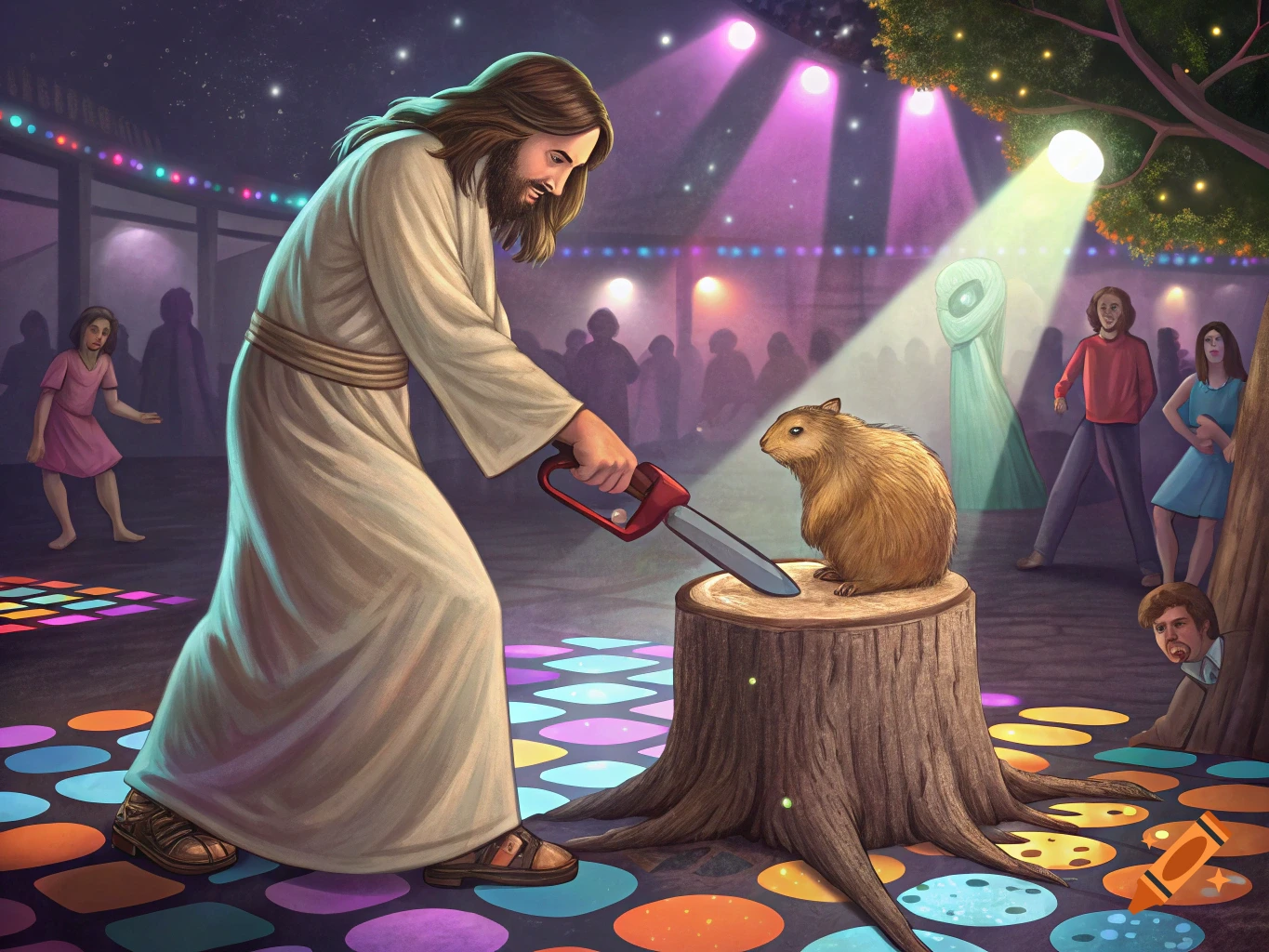 Jesus in a dress carving a beaver from a tree stump in a disco on Craiyon