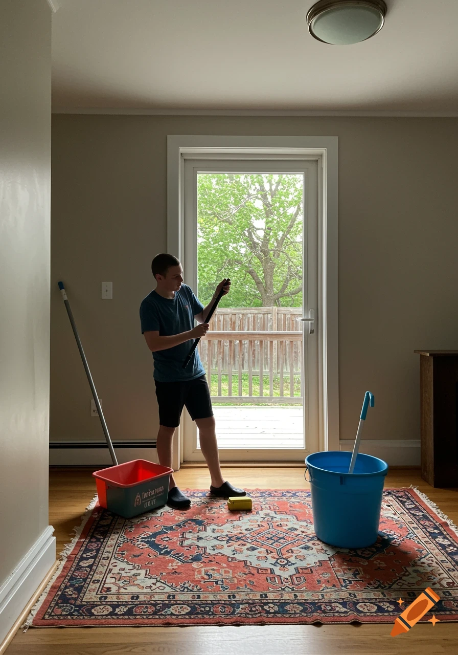 A young person stands with a mop and buckets inside a room with a rug ...