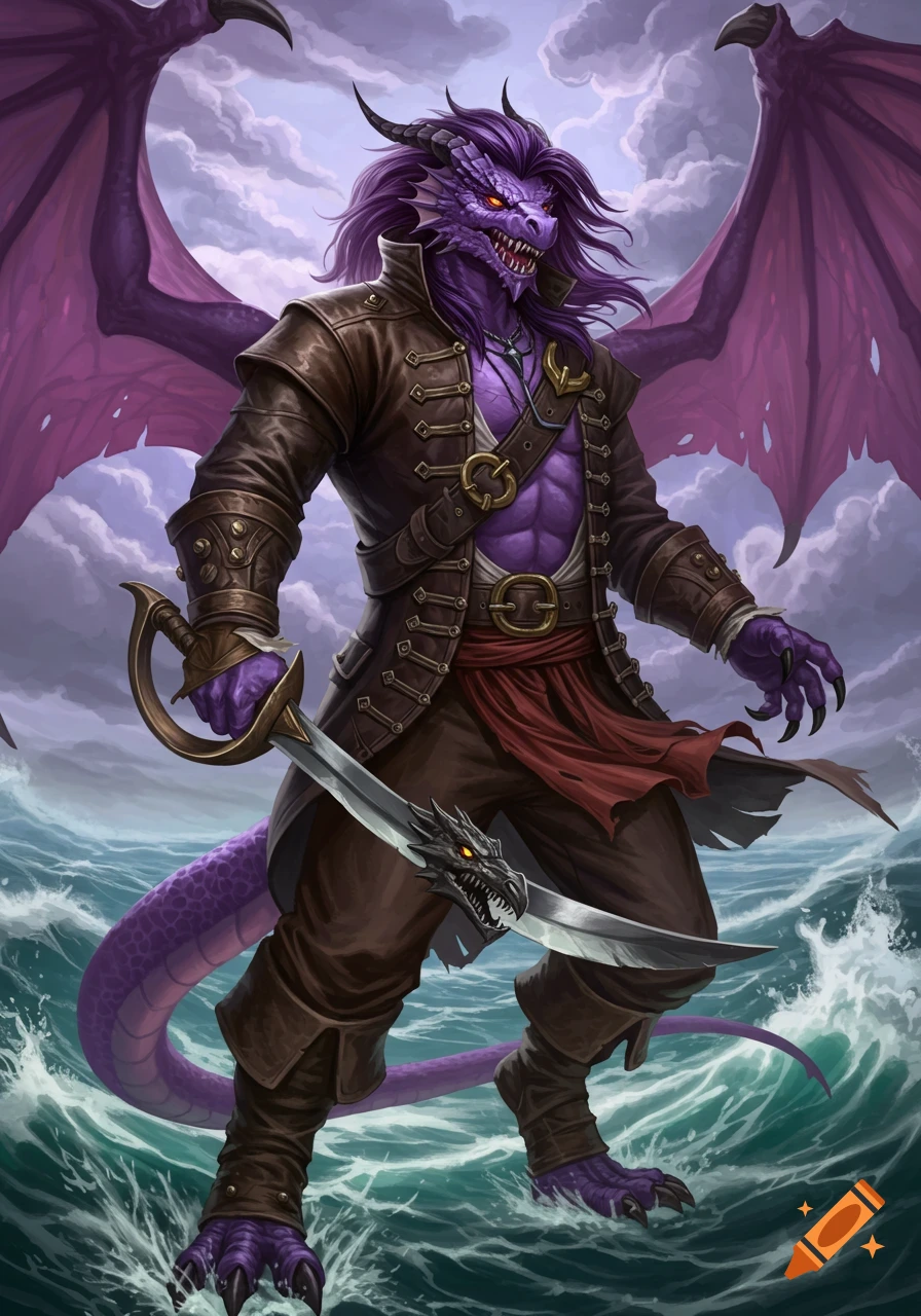 Purple dragonborn pirate on Craiyon