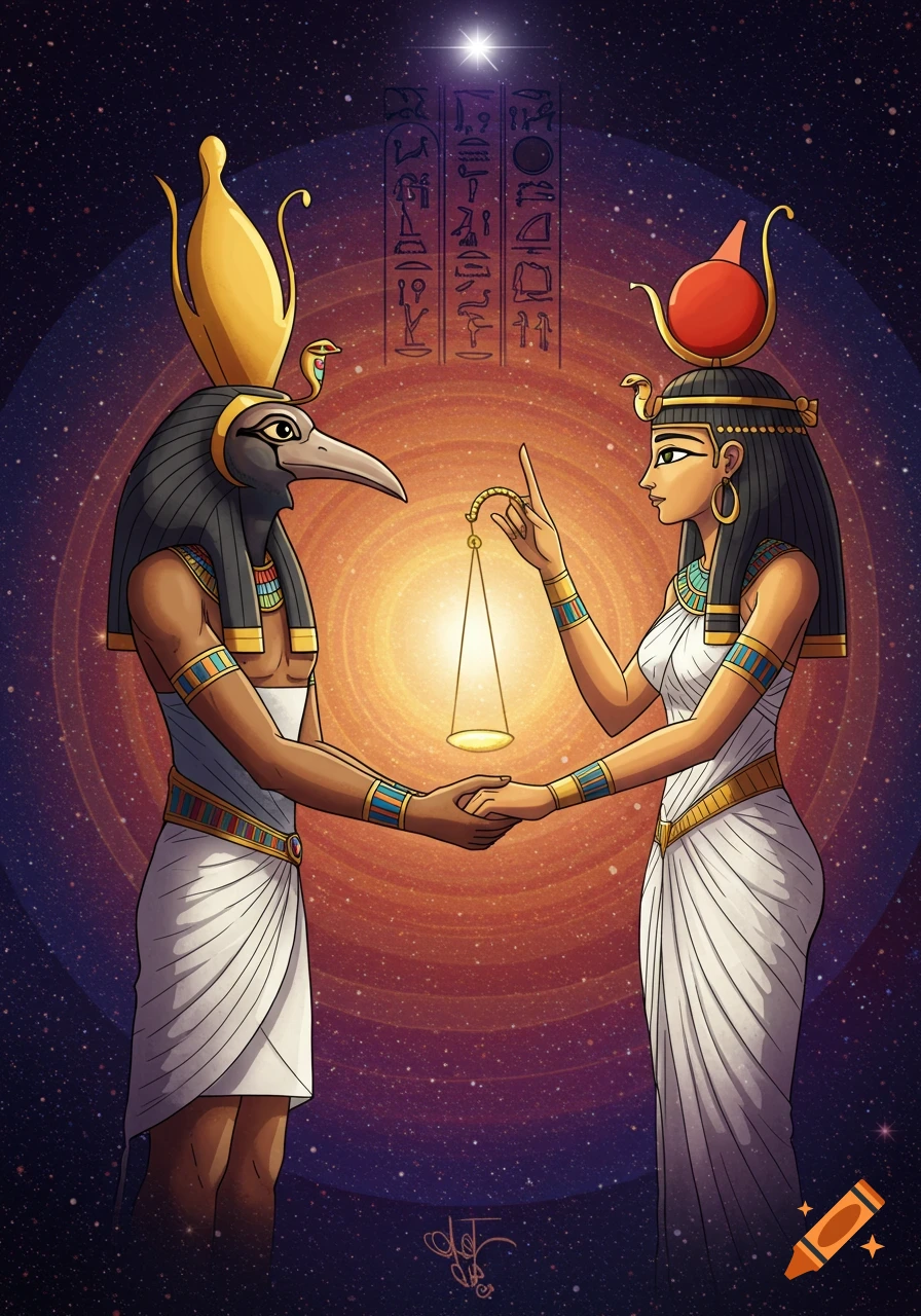 Thoth and Ma'at holding hands on Craiyon