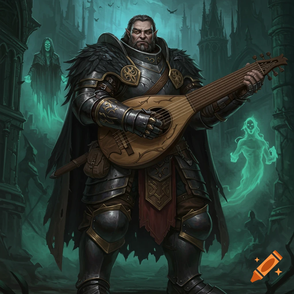 A warrior in dark armor plays a lute in a gothic setting, surrounded by ...