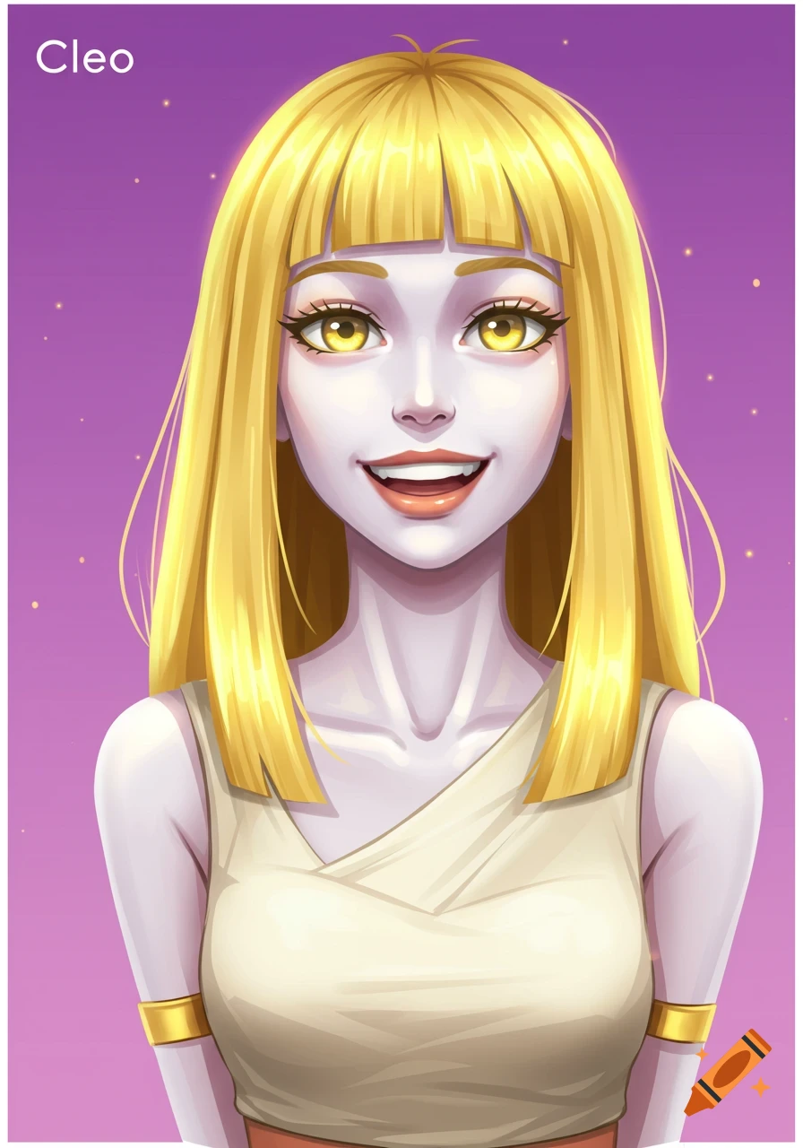 Stylized portrait of a smiling woman with golden hair and eyes, text "Cleo" in top left. on Craiyon
