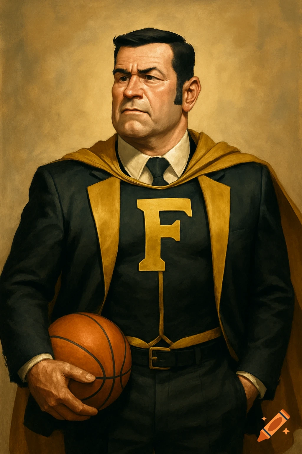 Superhero basketball coach with sideburns in black and gold suit on Craiyon