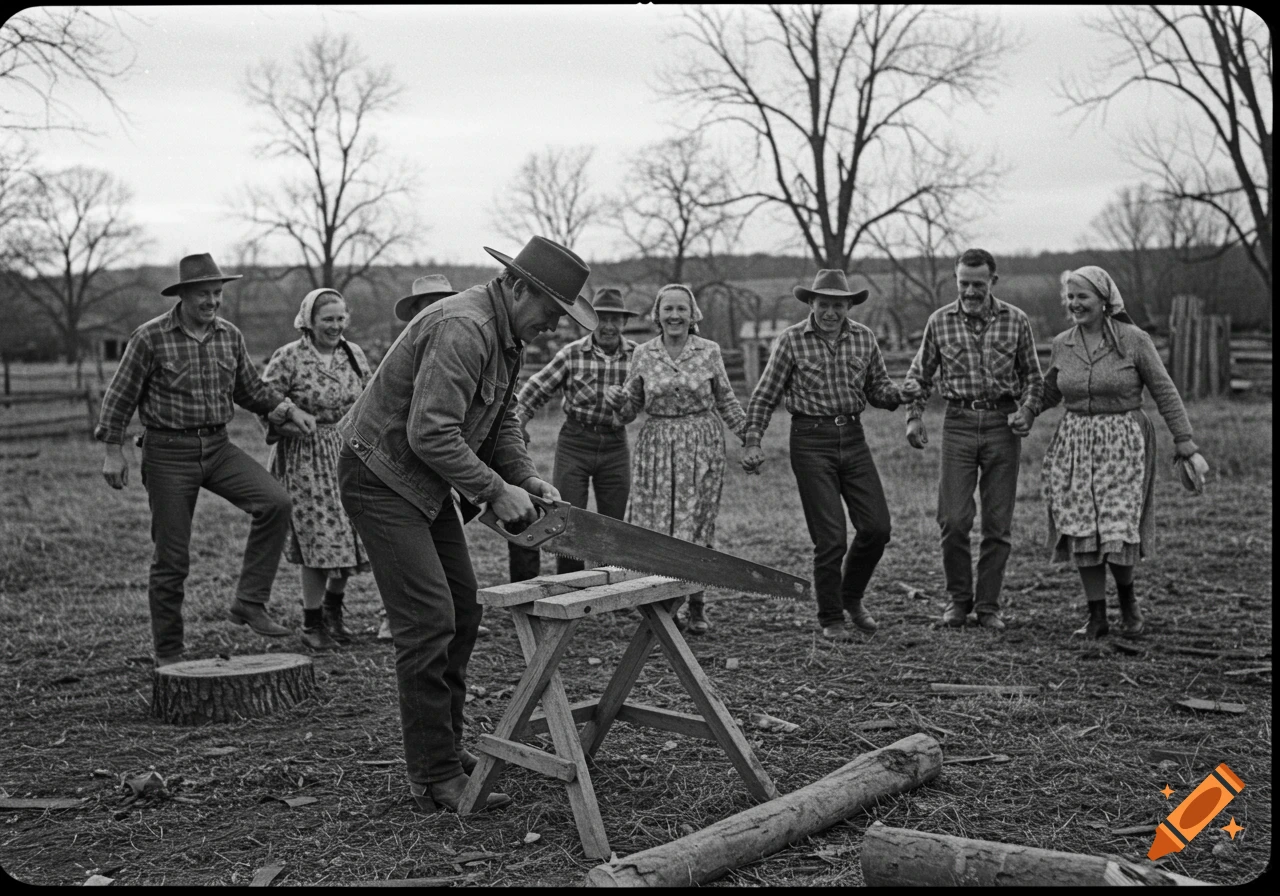 1957 black and white photo of a cowboy sawing while people dance. on ...