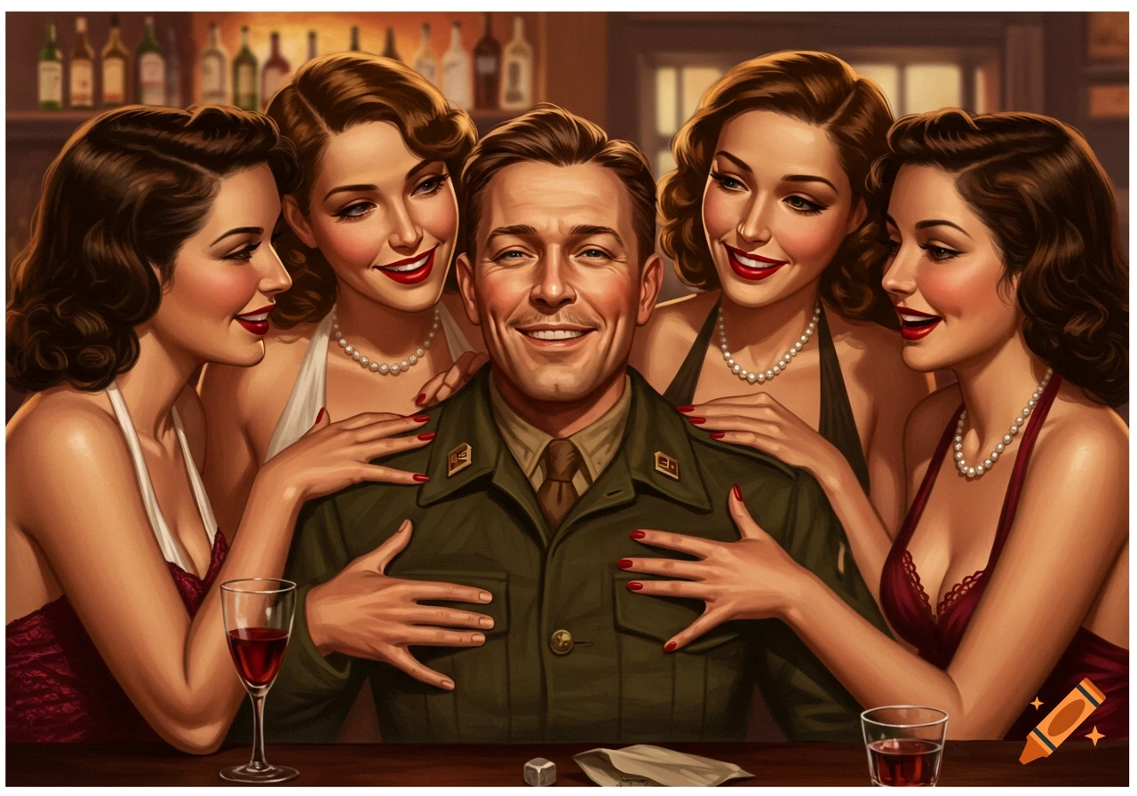 Man in 1940s bar with four women on Craiyon