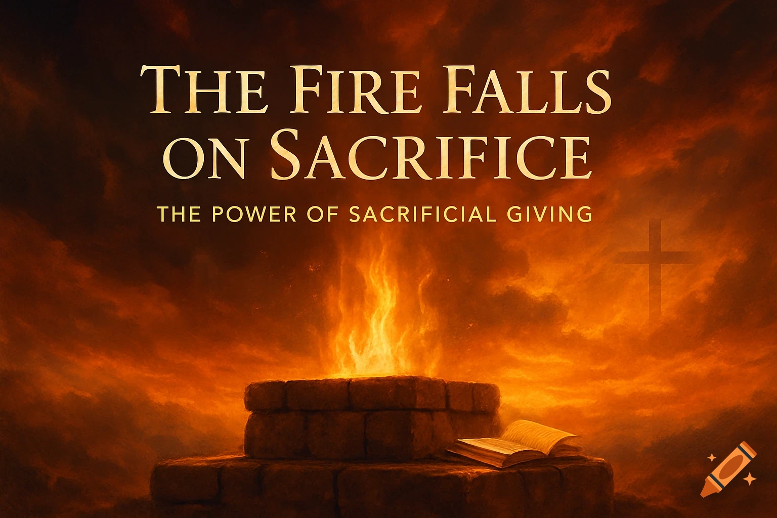 Stone altar with fire, Bible, and cross under fiery sky with religious ...