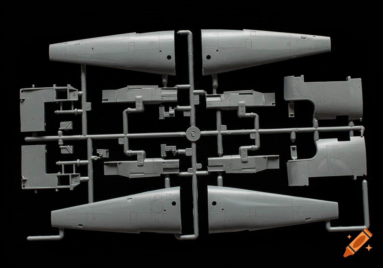 Close-up of grey plastic model airplane parts attached to a sprue on a ...