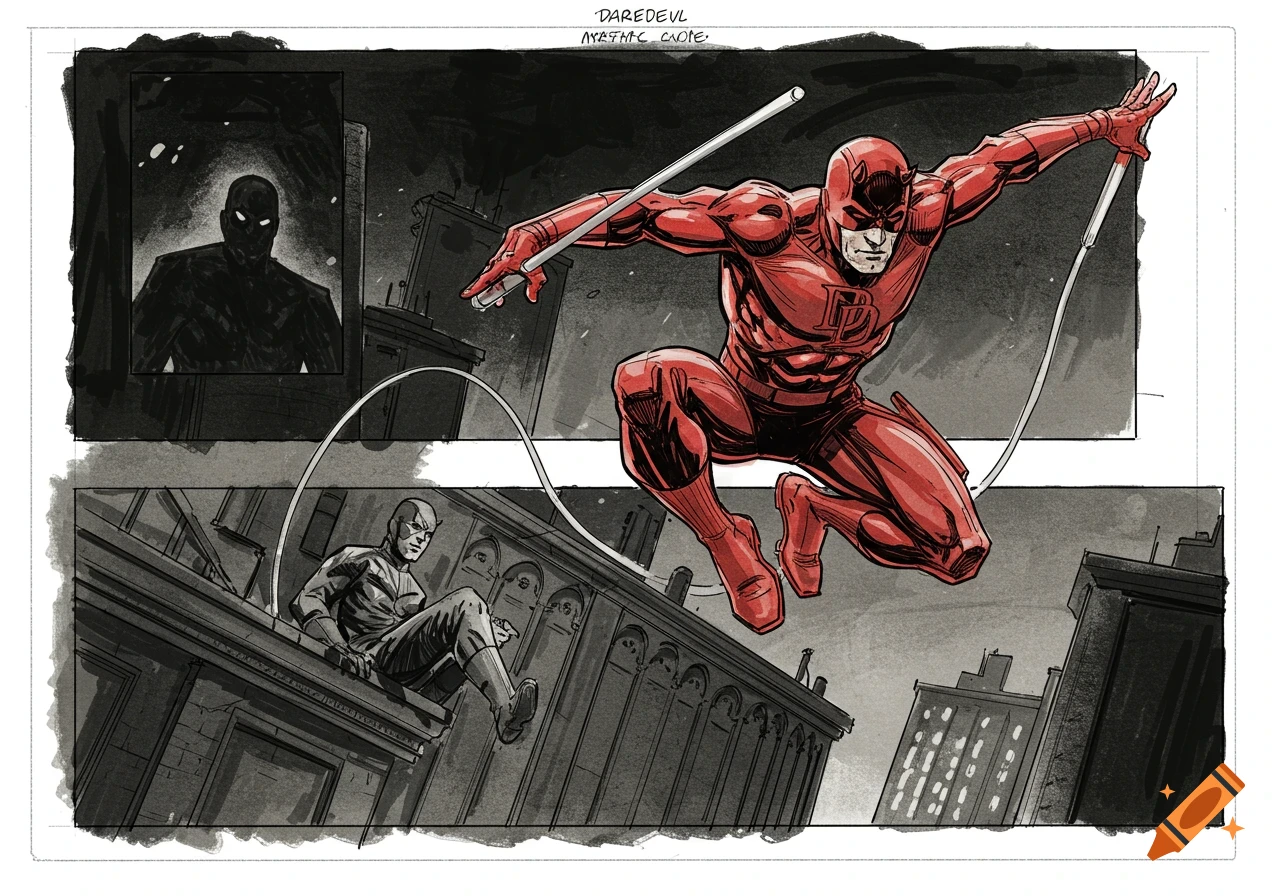 Daredevil jumps across city rooftops in a comic book sketch style. on ...