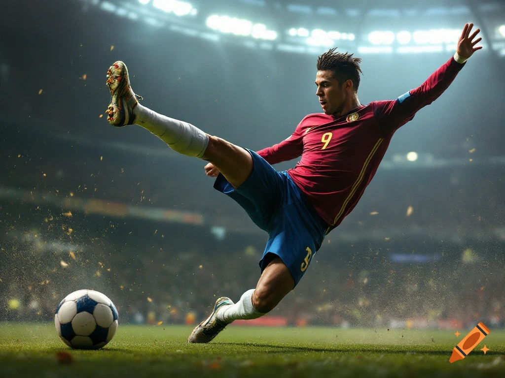 Photorealistic image of a soccer player in a red and blue kit performing a bicycle kick in a ...