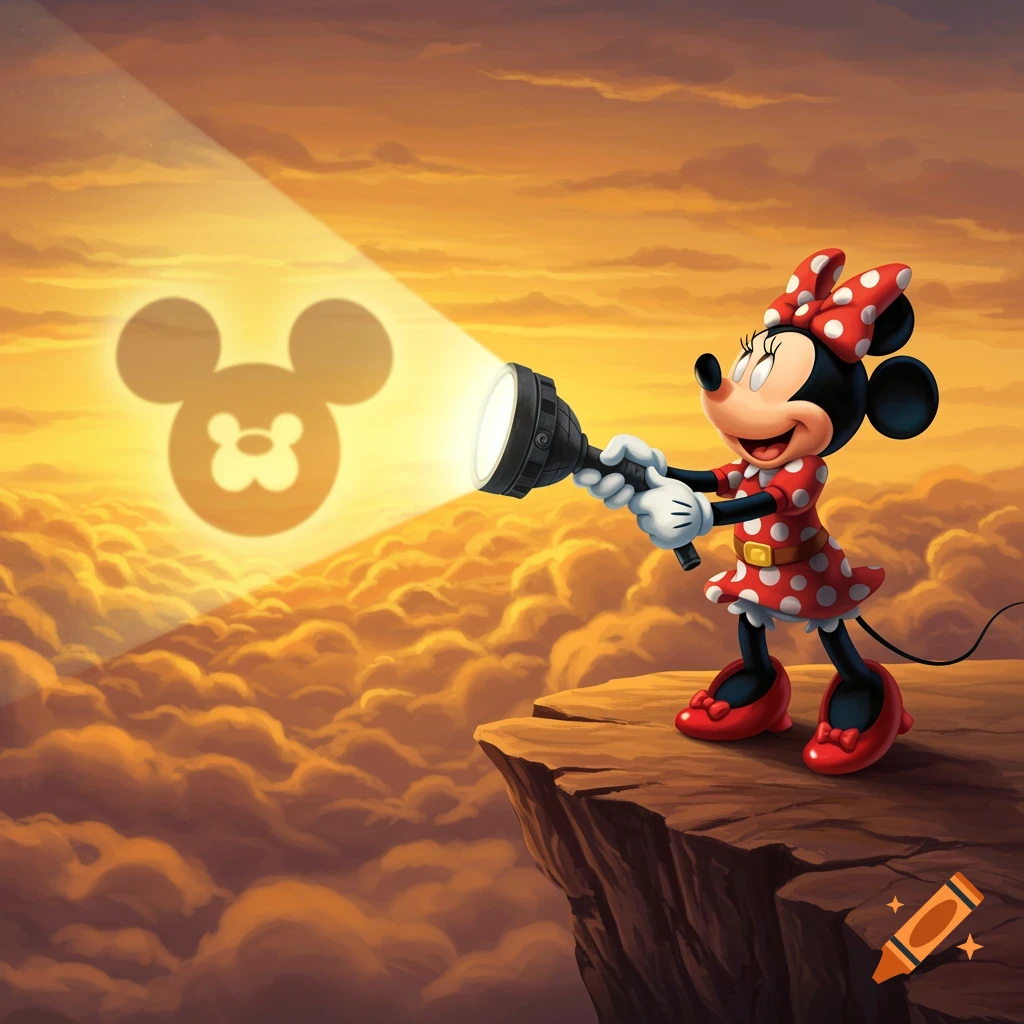 Minnie Mouse on a cliff shines a light projecting Mickey silhouette ...