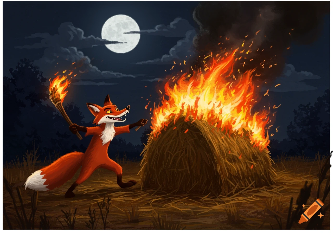 Cartoon fox holds a torch and stick, setting a large haystack on fire ...