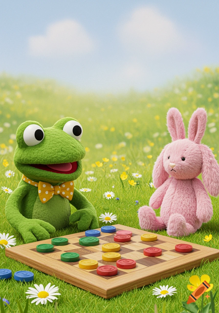 Frog puppet with pink jellycat rabbit on Craiyon