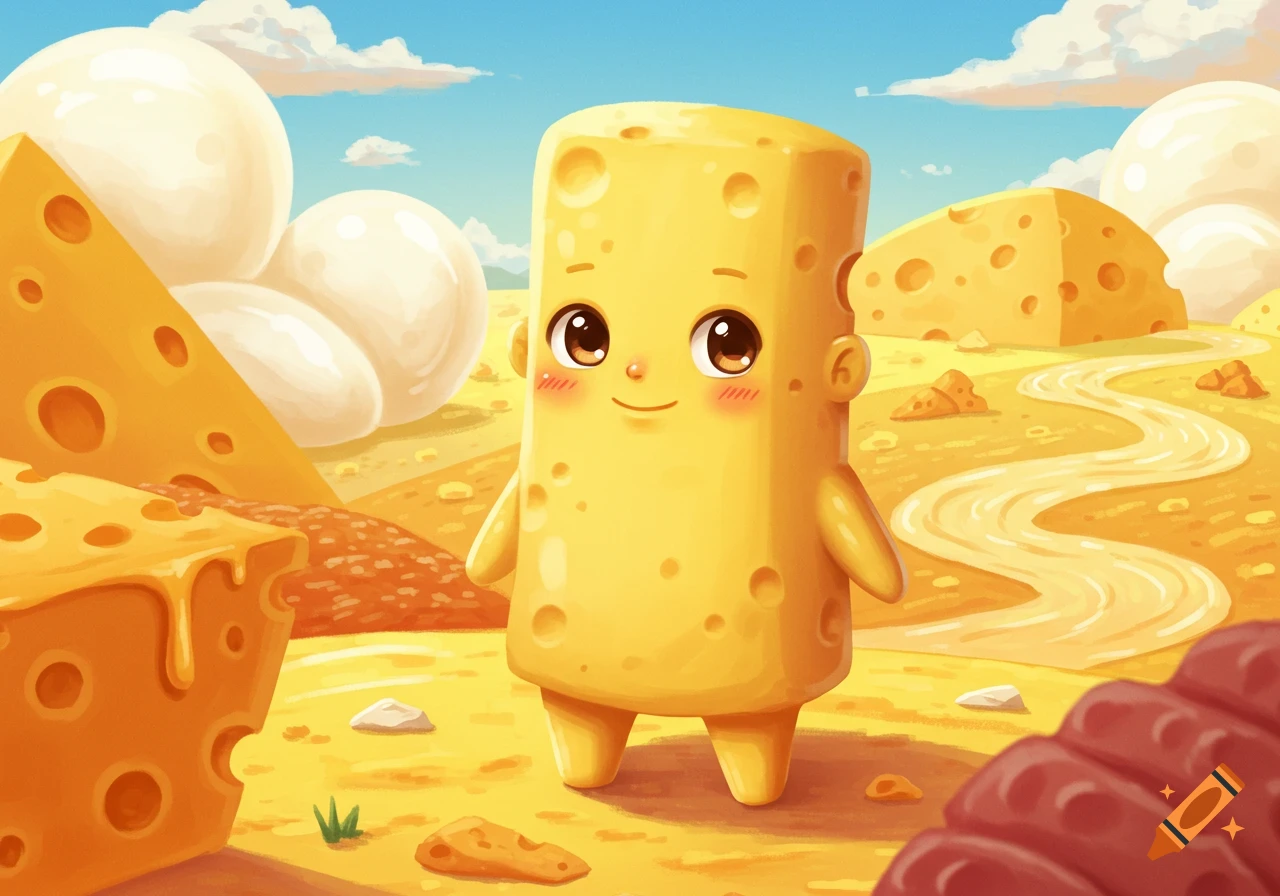 Illustration of a landscape made of cheese mountains, blocks, and ...