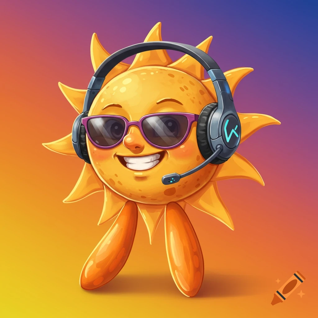 Cartoon sun character wearing sunglasses and a gaming headset. on Craiyon