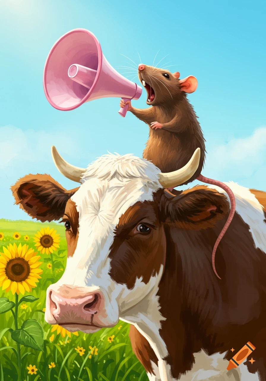 Rat on a cow shouting into a megaphone on Craiyon