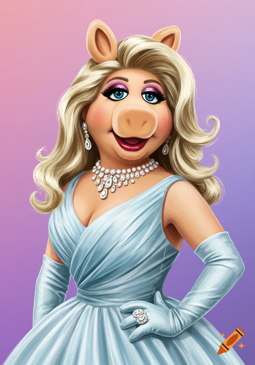 Miss Piggy as drag queen in baby blue gown on Craiyon