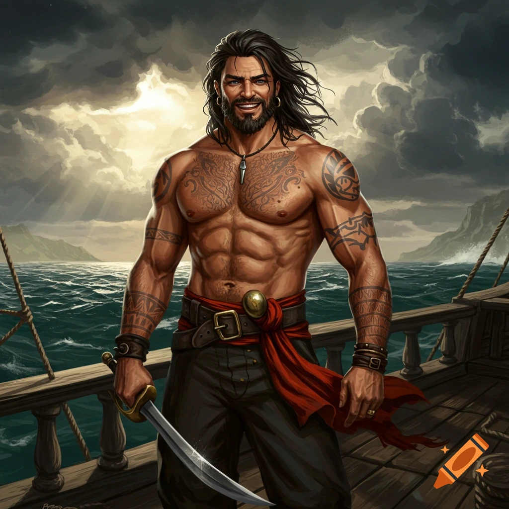 Animated 3D muscular man with extensive Polynesian-style tattoos and a ...