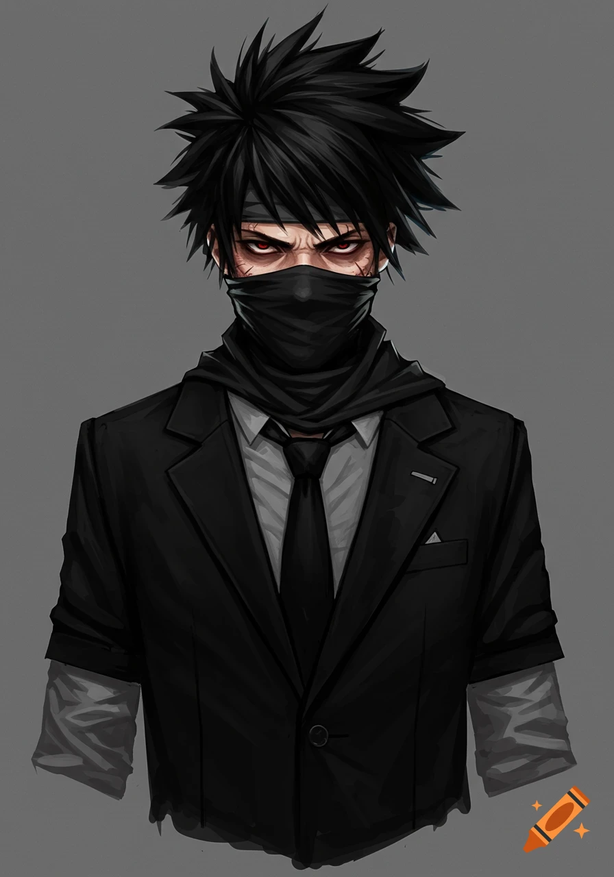 A character with spiky black hair, mask, red eyes, scars, wearing a ...