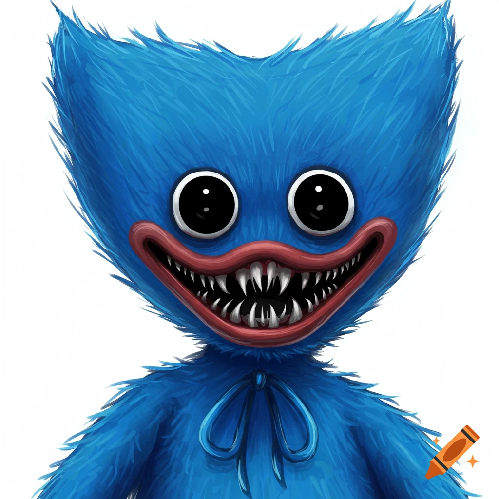 A blue furry monster with sharp teeth and wide eyes, wearing a white ...