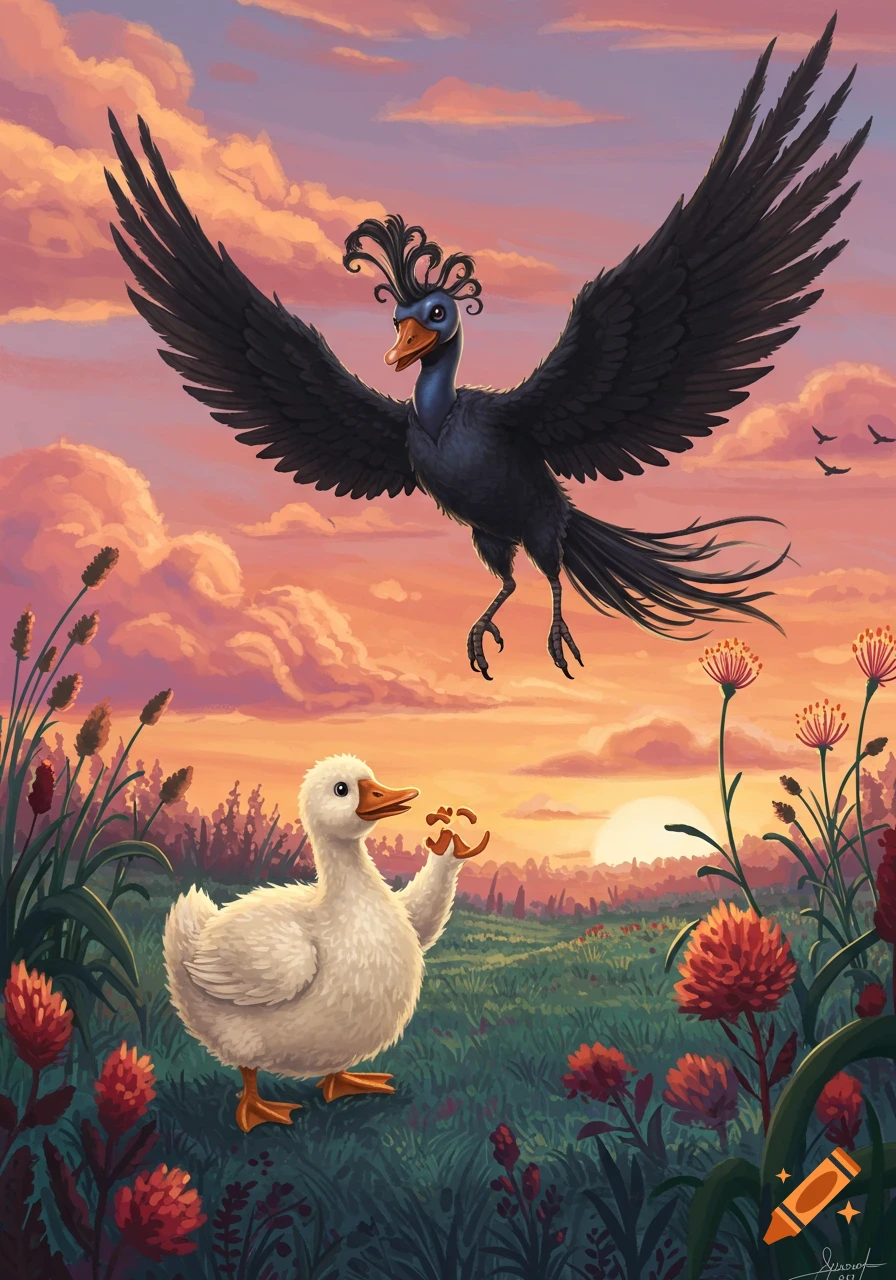 A duck watches a dark, crested bird fly over a field at sunset. on Craiyon