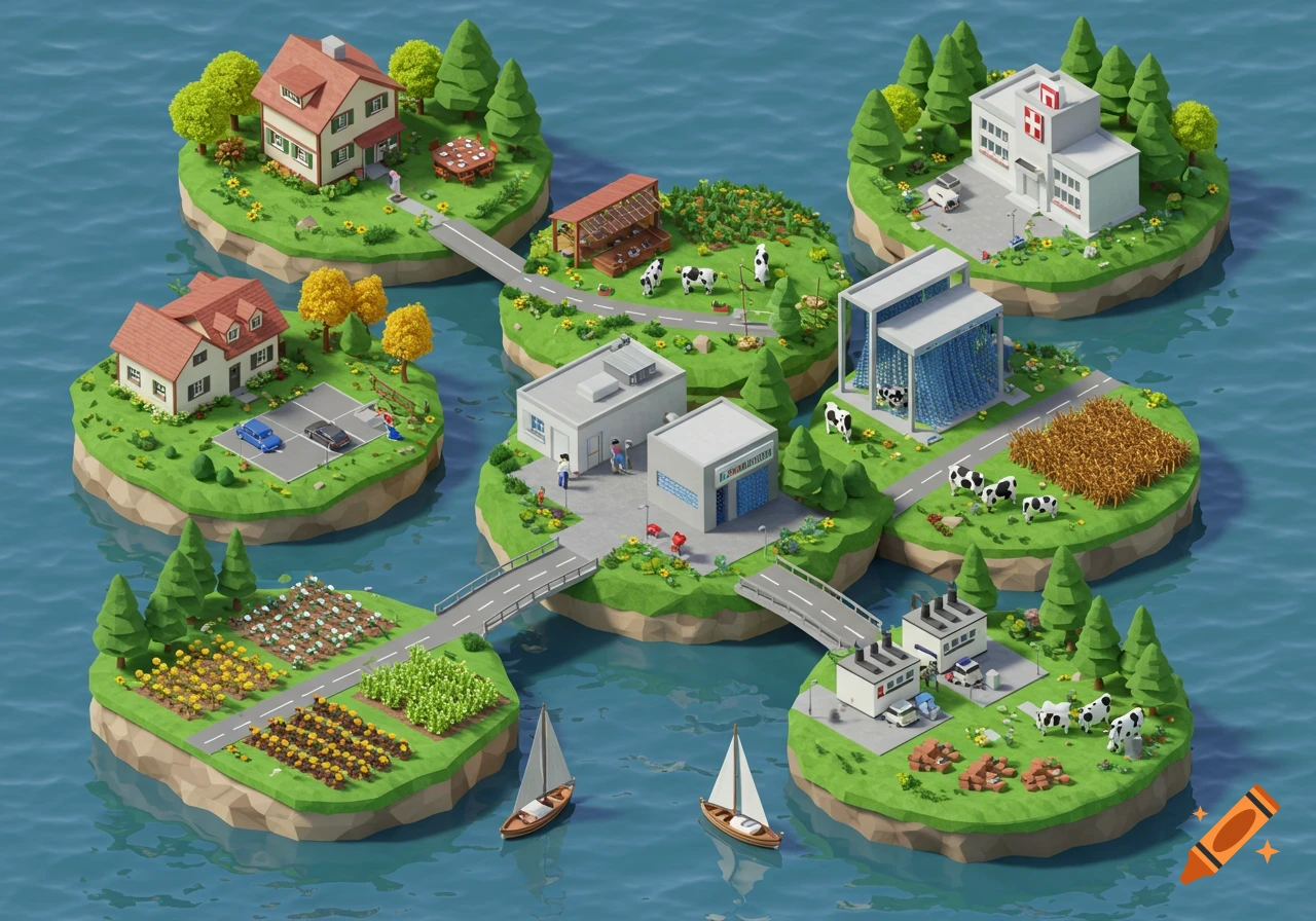 3D isometric diorama of islands with houses, farms, and industrial ...