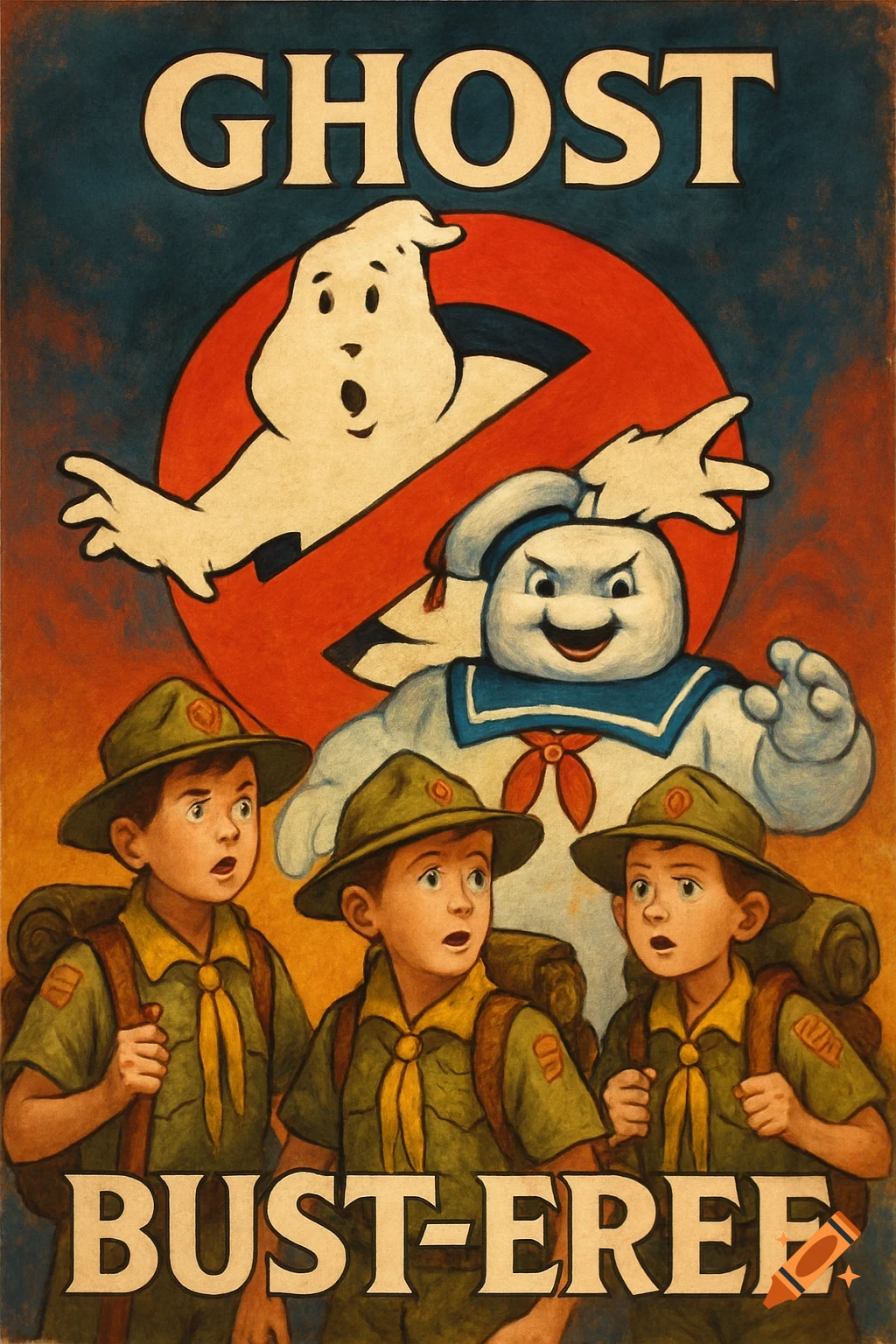 Ghostbusters logo with boy scouts and Stay-Puft Marshmallow Man on Craiyon