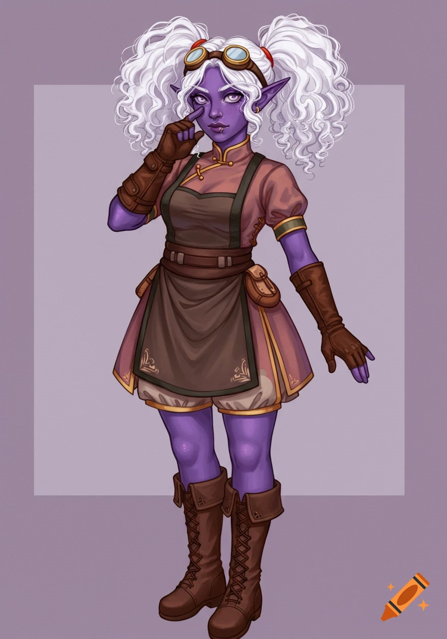 Drow elf woman with purple skin, white hair, hanfu dress, goggles ...