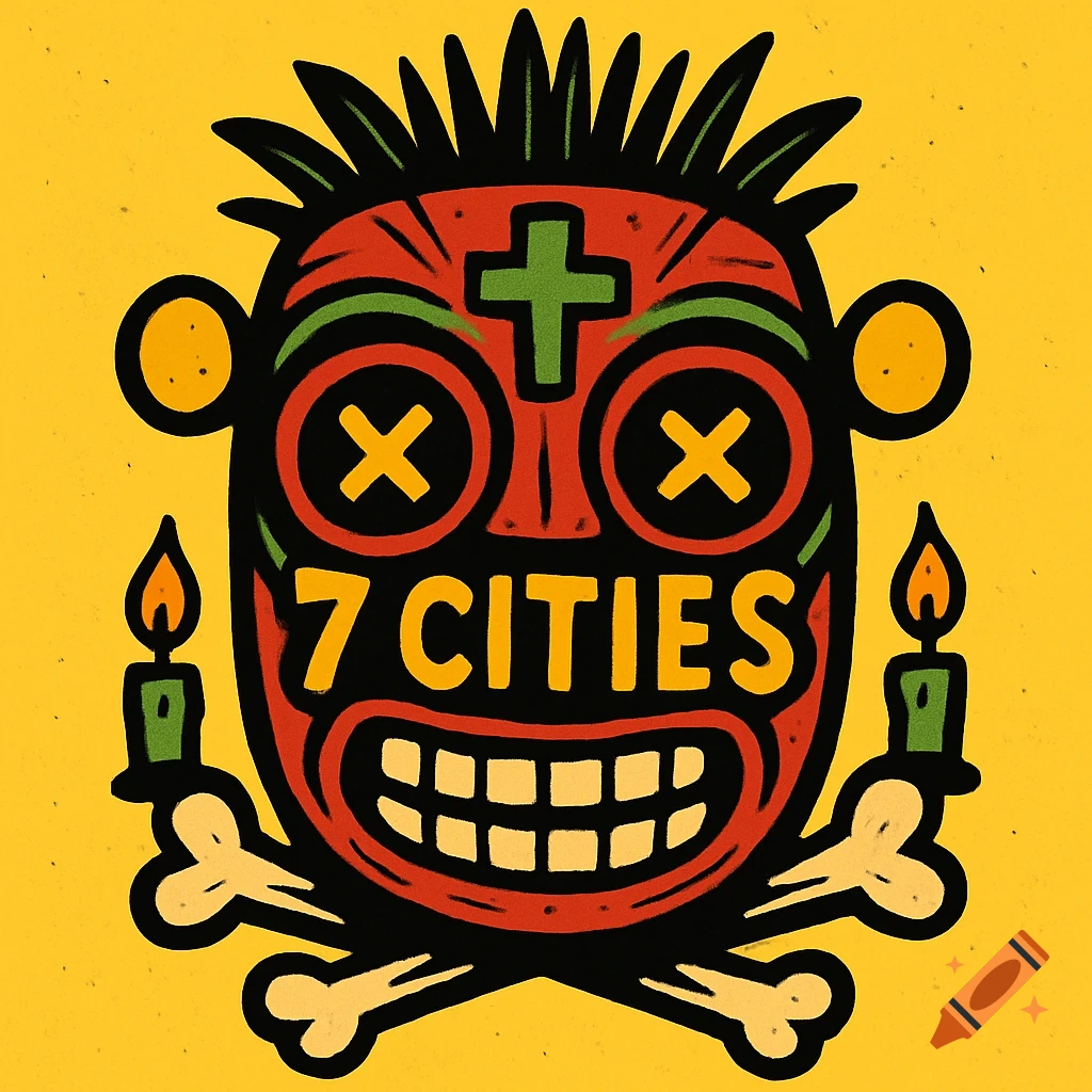 Cartoon voodoo mask with the words 7 CITIES on Craiyon
