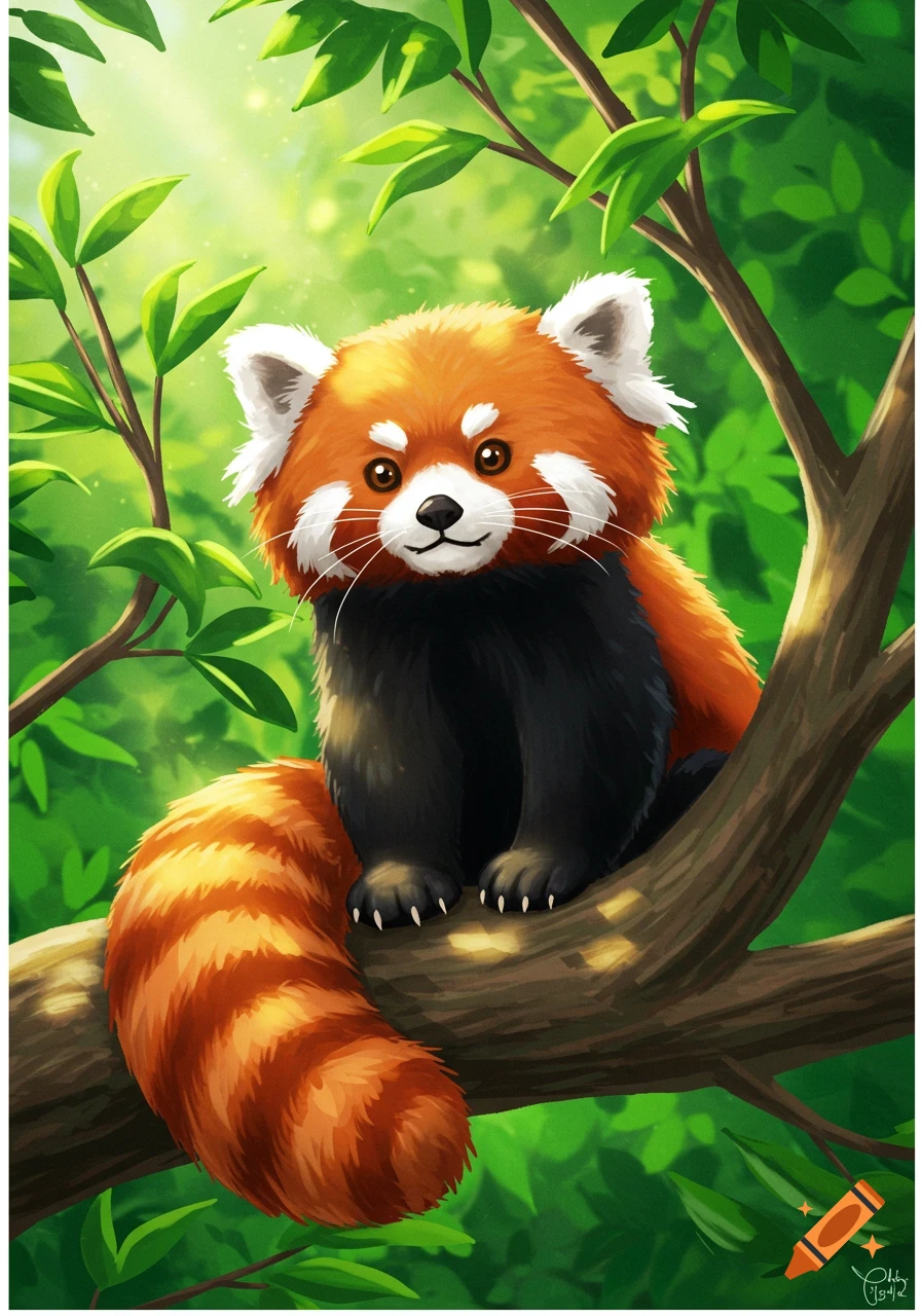 A cute red panda with a fluffy striped tail sits on a bamboo branch ...