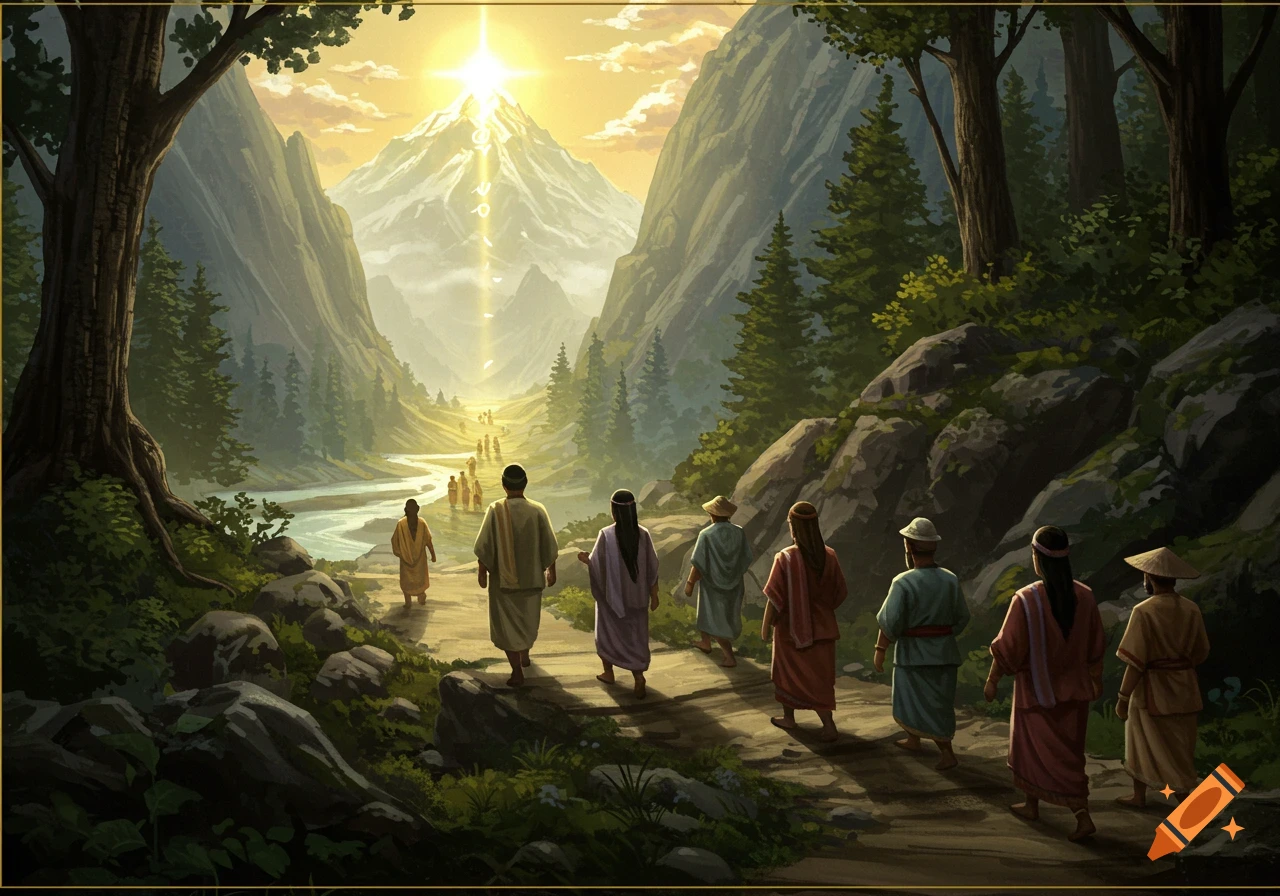 Figures walking a path up a mountain valley towards a bright peak on ...