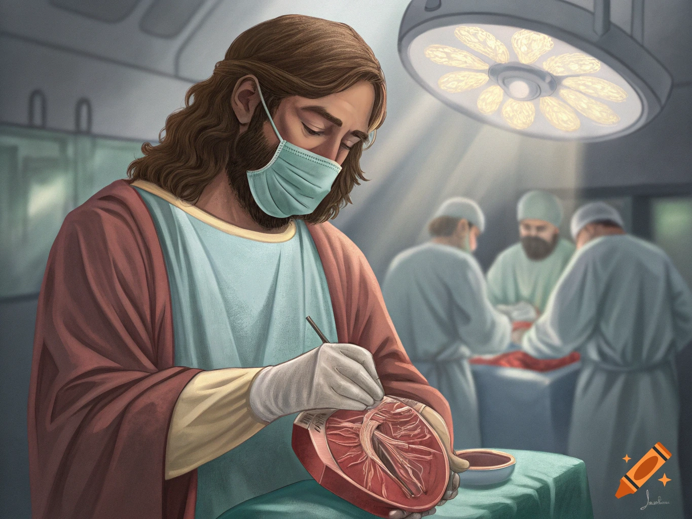 Illustration of Jesus in an operating room, wearing a mask and gloves, examining a cross-section ...