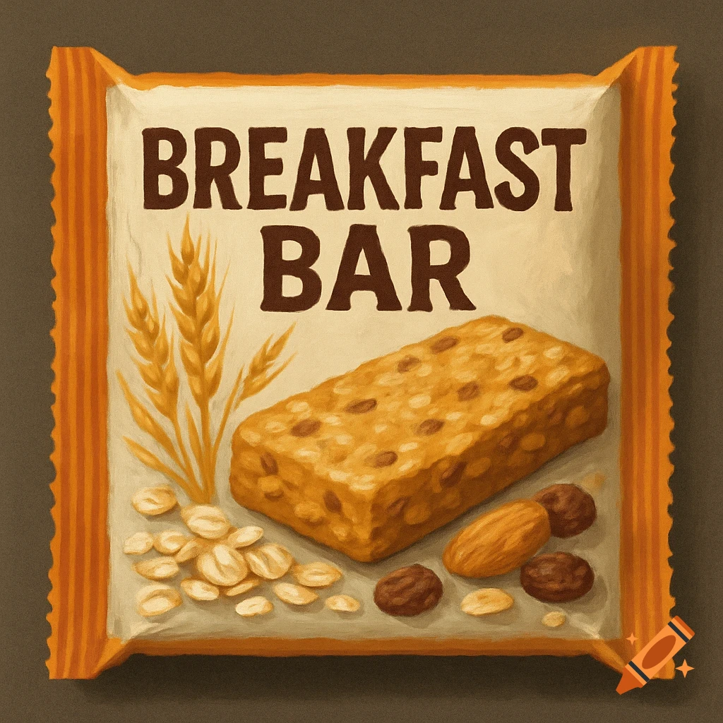 A breakfast bar package showing the bar, oats, wheat, and nuts. on Craiyon