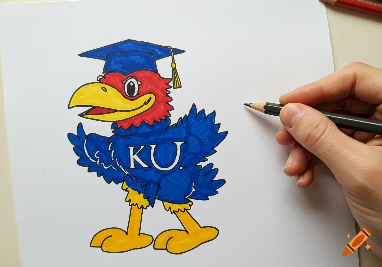 Drawing of a Jayhawk mascot wearing a graduation cap with KU on its ...