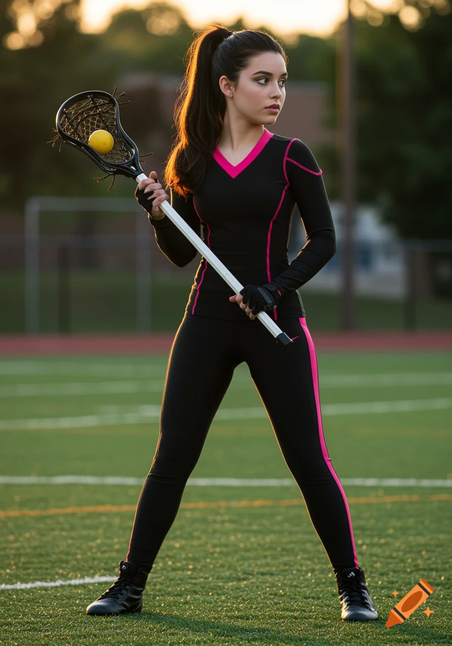 Kim Possible in black and pink suit playing lacrosse on Craiyon