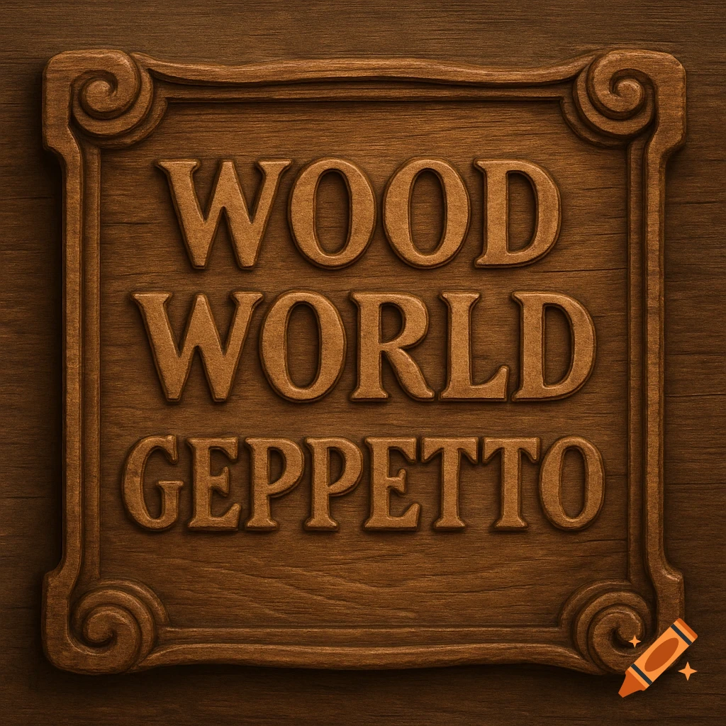 Embossed wooden label with WOOD WORLD GEPPETTO text on Craiyon