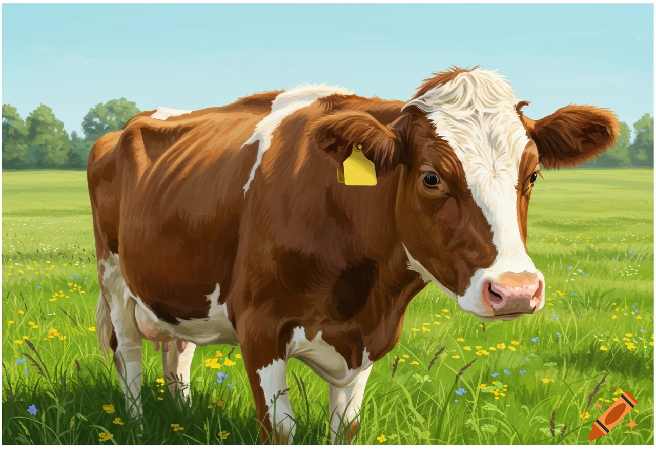 A photorealistic brown and white cow stands in a misty green pasture ...