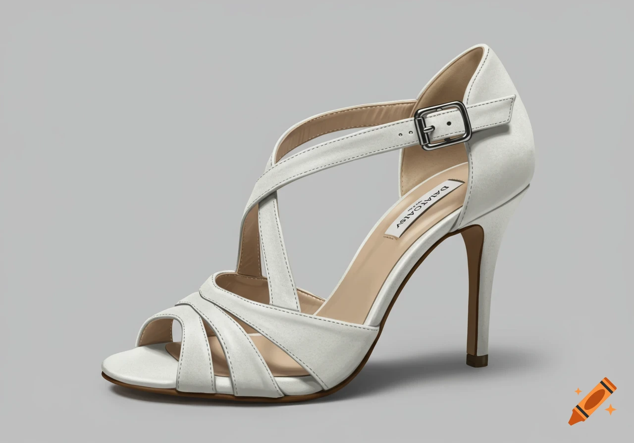A white suede high-heeled open toe shoe with criss-cross straps and a ...