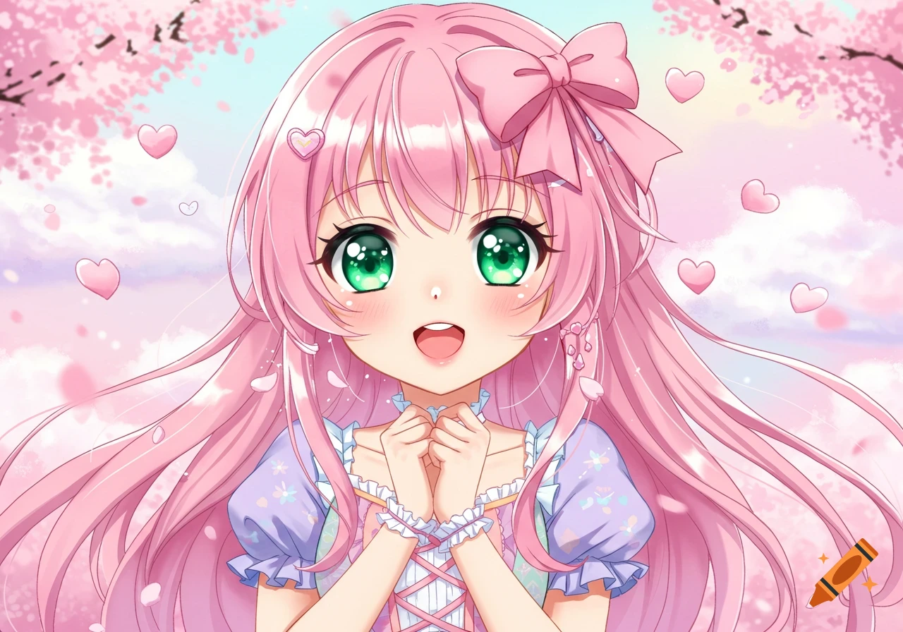 Smiling pink-haired anime girl with green eyes surrounded by hearts and ...