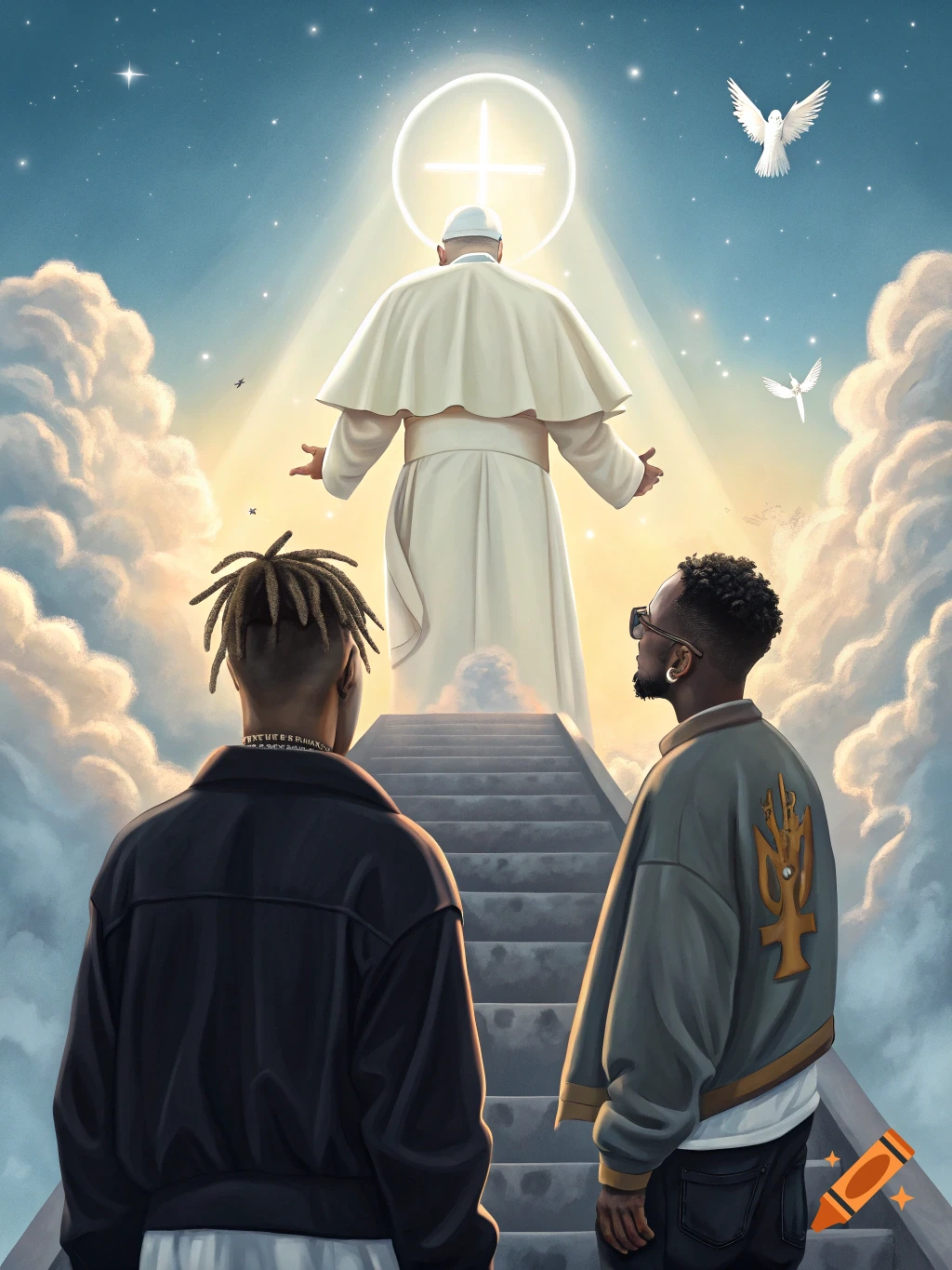 Two figures on stairs looking up at a Pope in the sky with light and ...