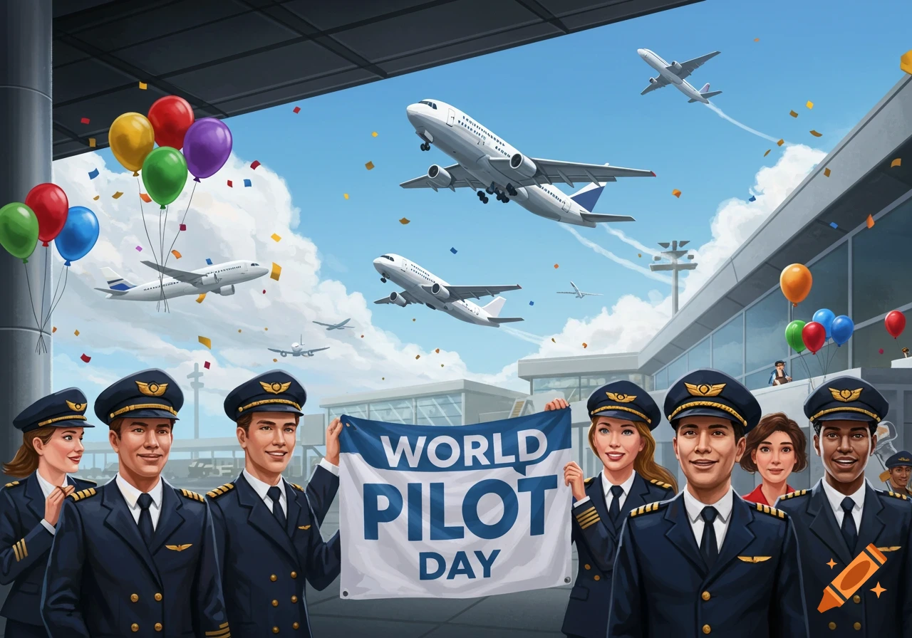 A pilot sits in the cockpit of an airplane with a sunset view on Craiyon